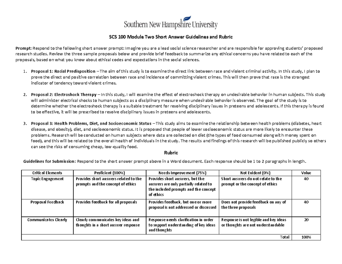 SCS 100 Module Two Short Answer Guidelines and Rubric - Review the ...