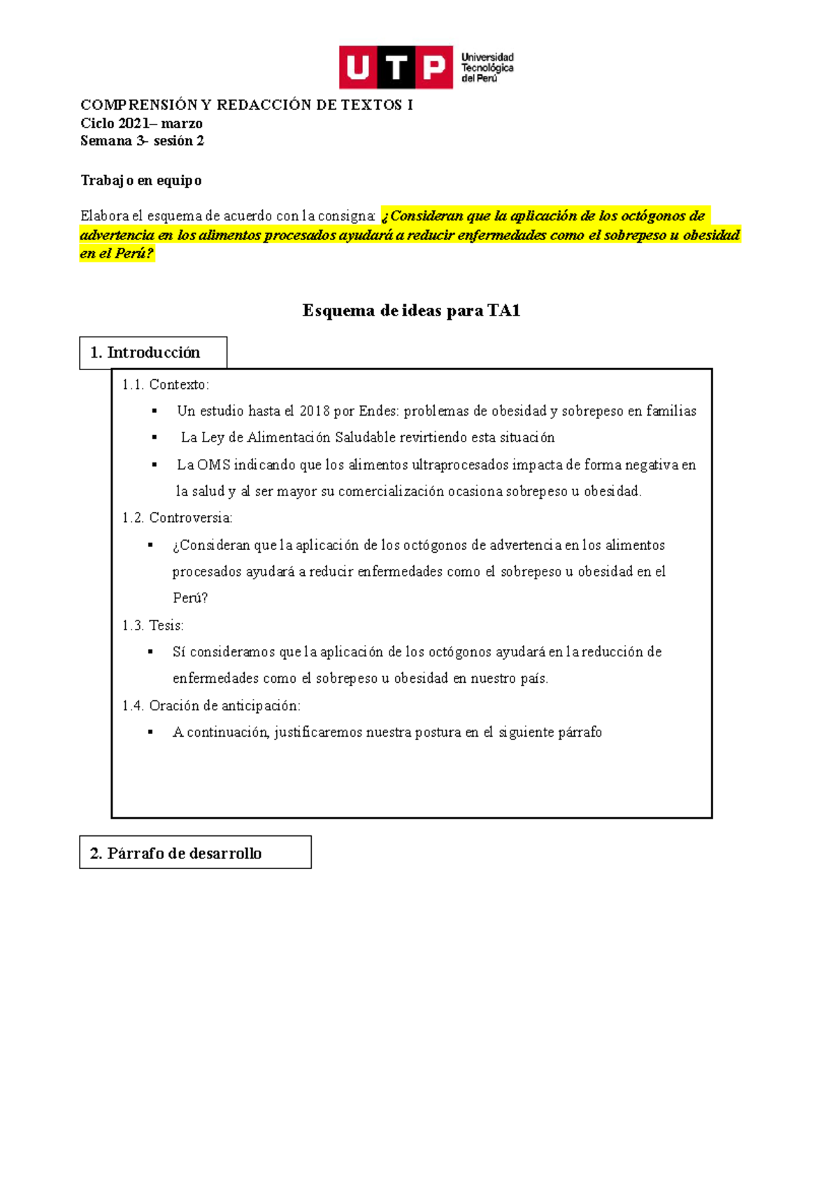 S03.s2-Esquema para TA1 (material) 2021 marzo - COMPRENSIÓN Y REDACCIÓN DE TEXTOS I Ciclo 2021 ...