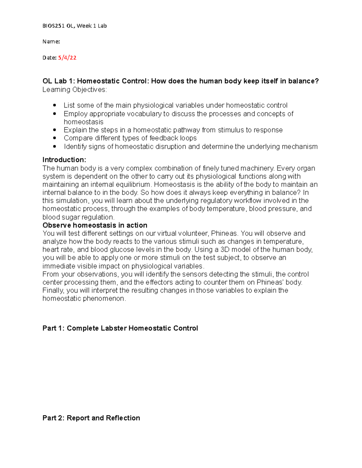 Lab 1 - Dr. Sandra Hampton - Name: Date: 5/4/ OL Lab 1: Homeostatic Control: How does the human ...