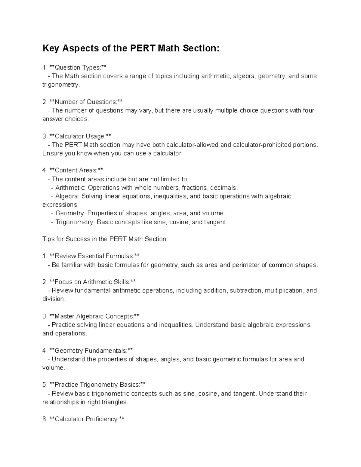 Math Section PERT exam - Pert - Key Aspects of the PERT Math Section: 1 ...