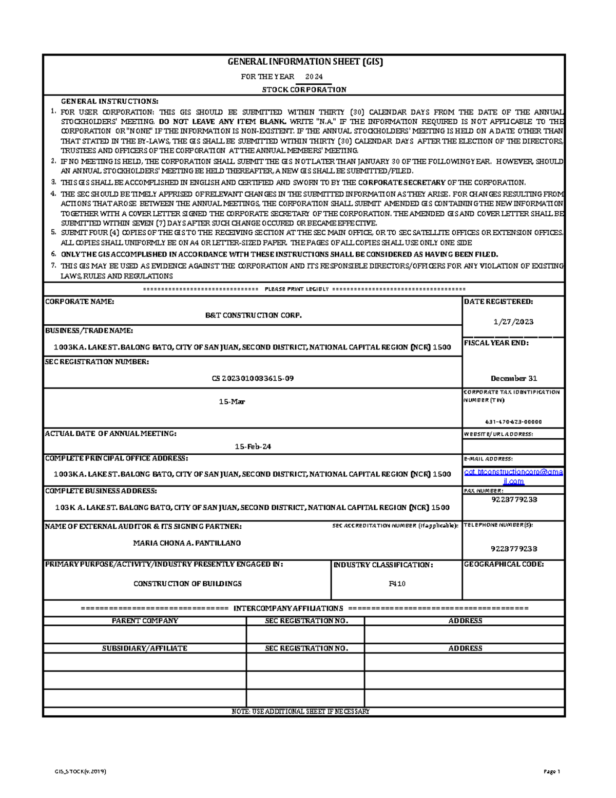 Joy - Format of General information system for may corporation - 2024 ...