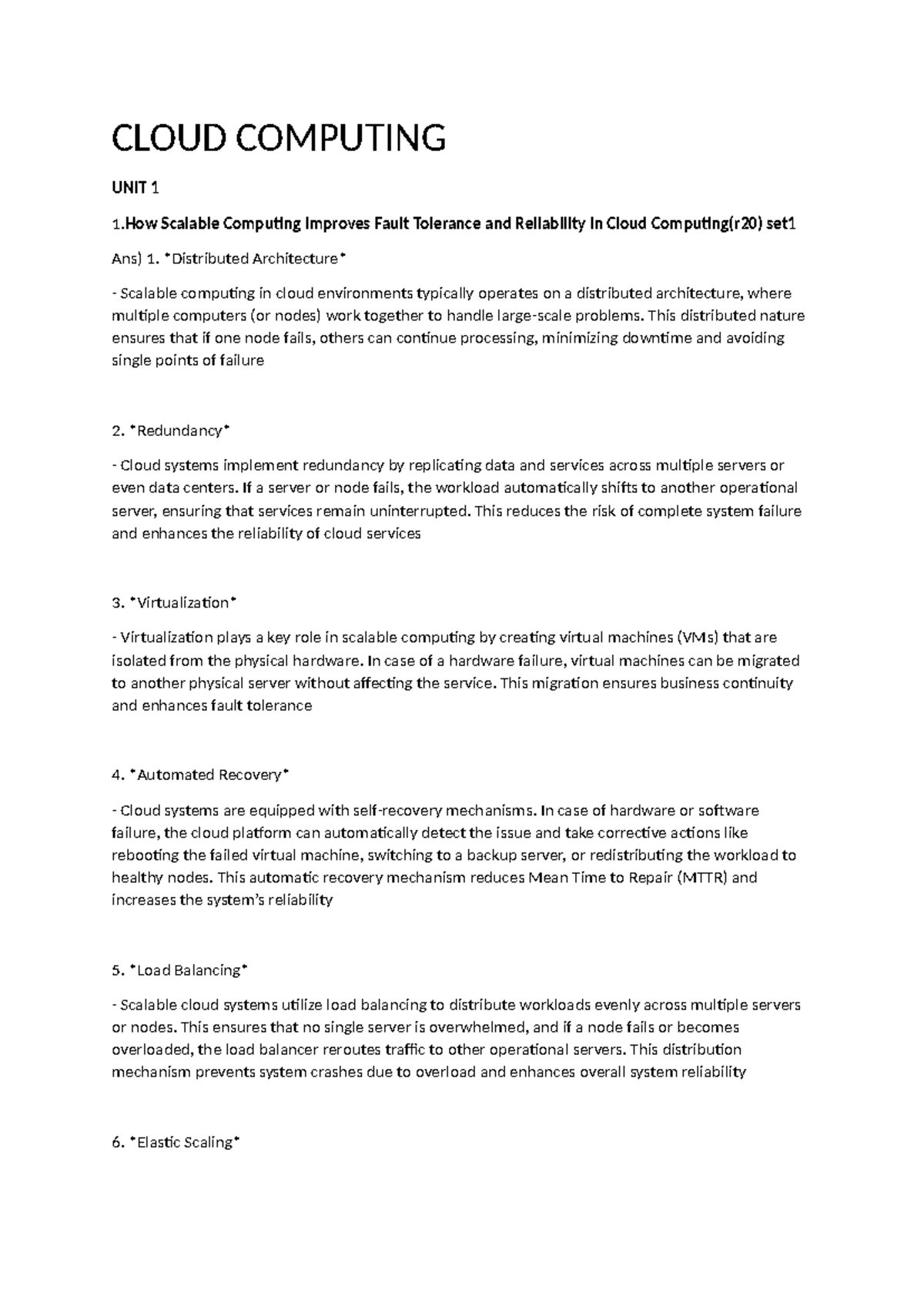 unit 1 pevious year paper answers - CLOUD COMPUTING UNIT 1 1 Scalable Computing Improves Fault ...