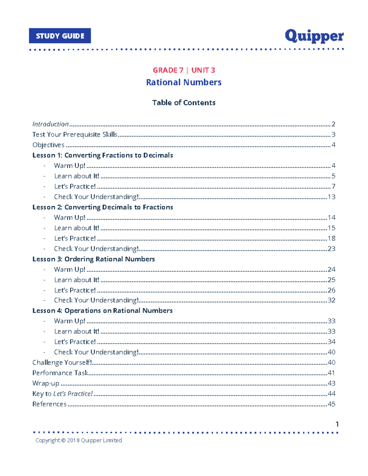 Math 7 Study Guide Unit 3 - Rational Numbers - GRADE 7 | UNIT Introduction Table of Contents ...