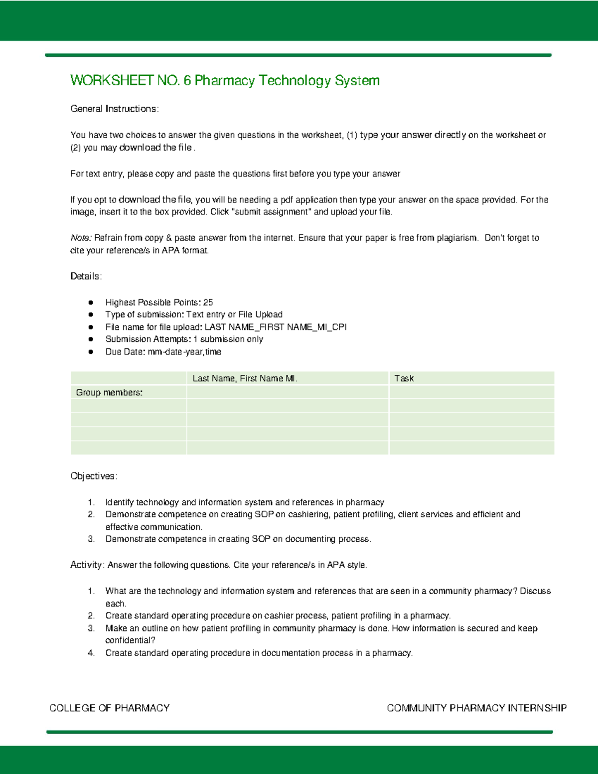 EPP Community Worksheet 6 1 - COLLEGE OF PHARMACY COMMUNITY PHARMACY ...