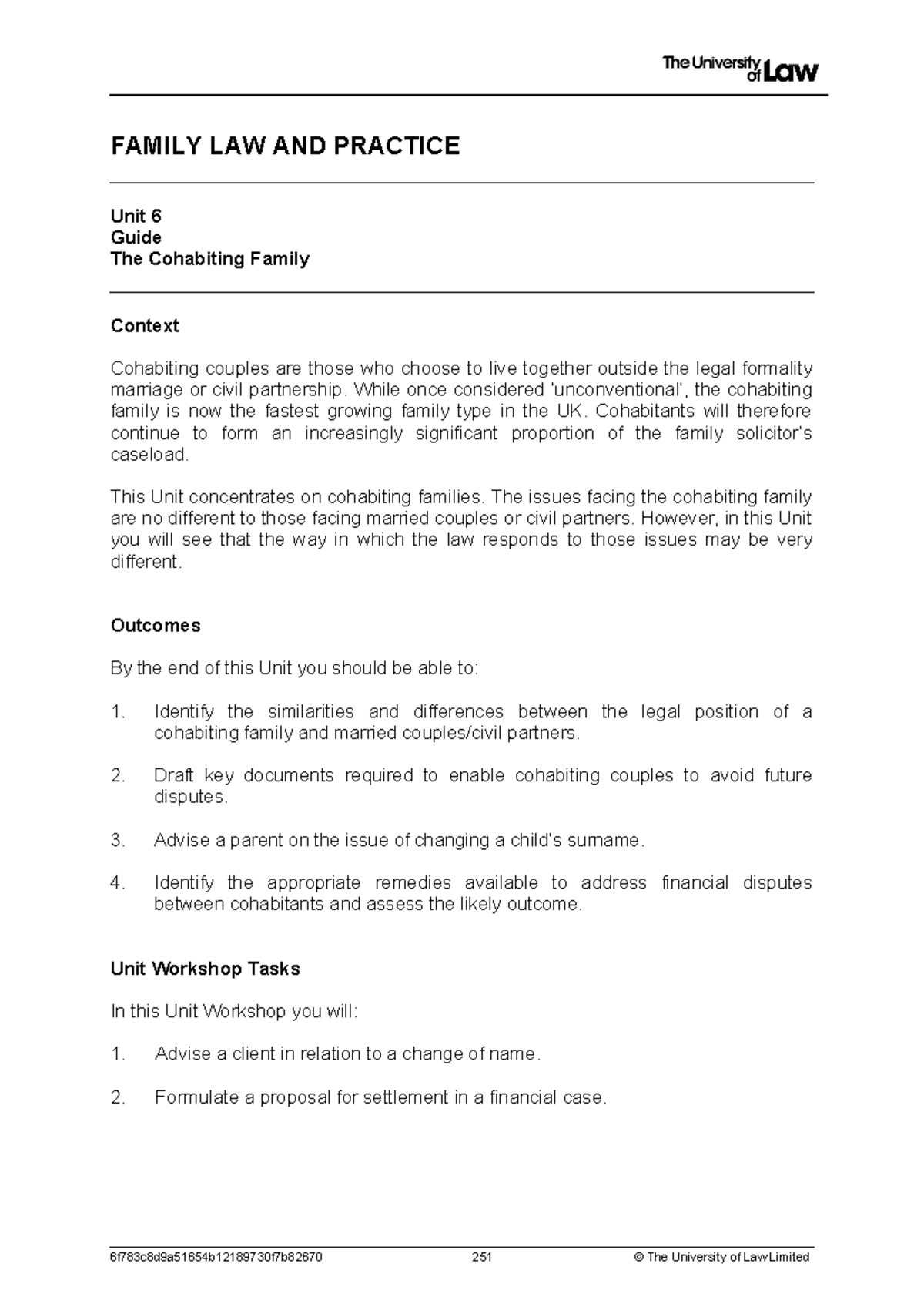 Unit 6 - Cohabiting Family - FAMILY LAW AND PRACTICE Unit 6 Guide The ...
