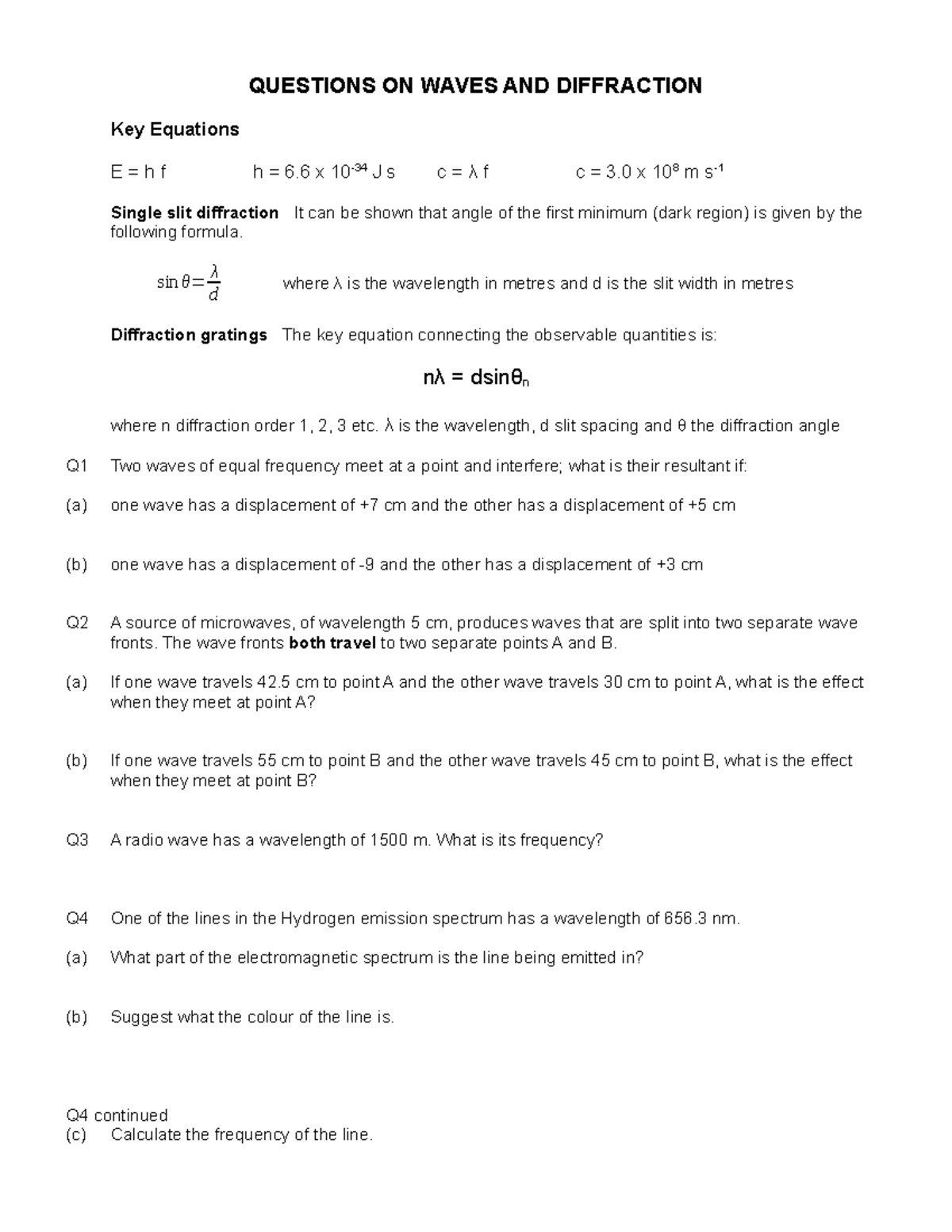 Unit 4 - Wave Calculations 3 - QUESTIONS ON WAVES AND DIFFRACTION Key ...