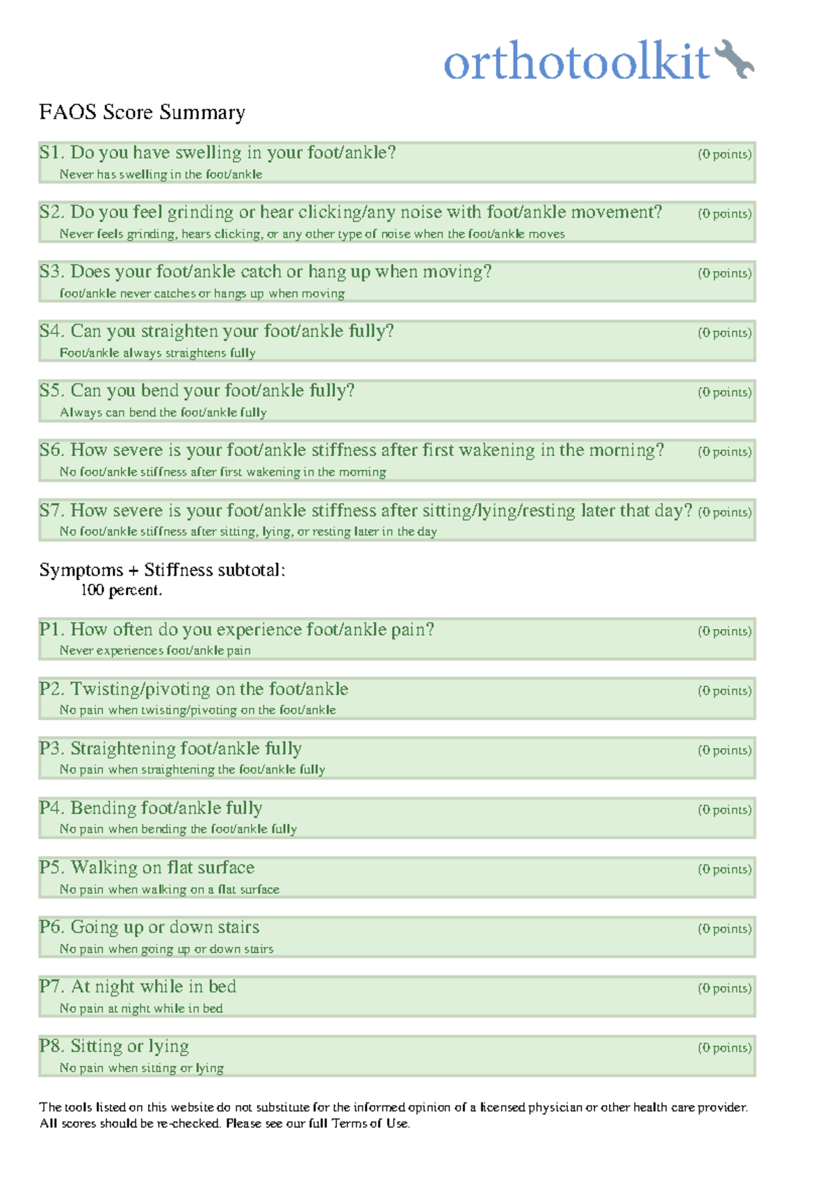 Ortho Tool Kit FAOS Score Report - FAOS Score Summary S1. Do you have ...