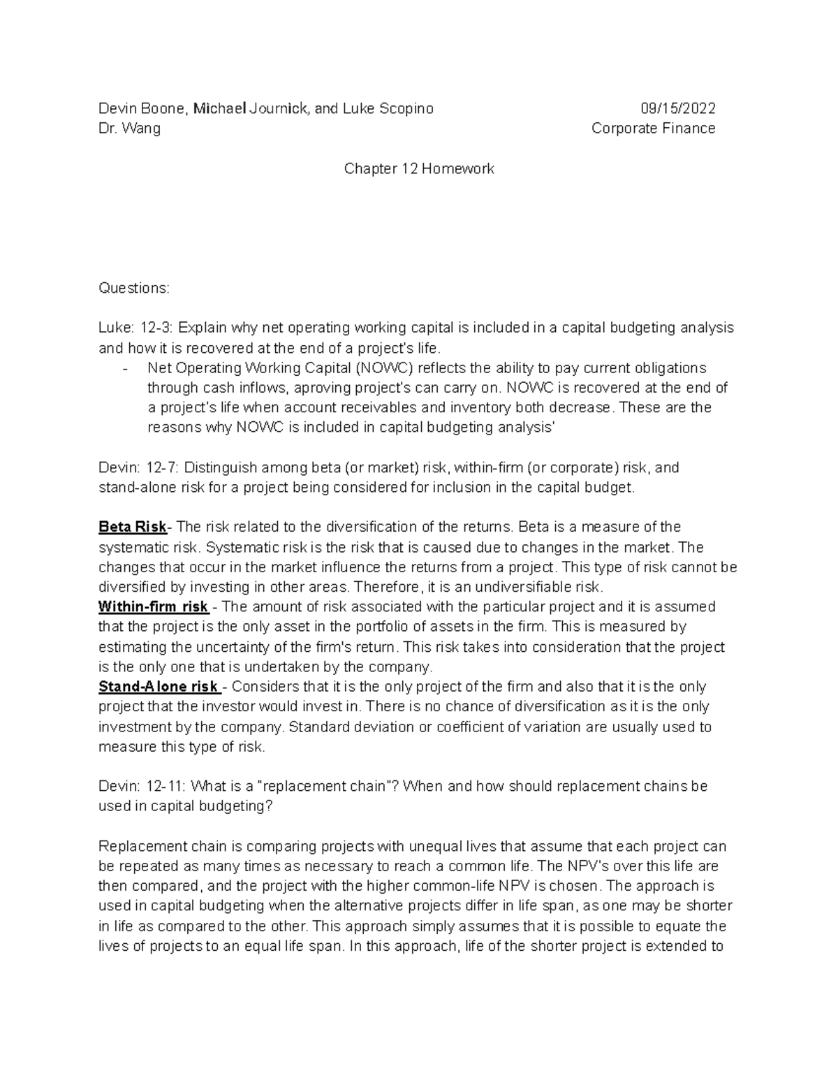 Chapter 12 homework - Devin Boone, Michael Journick, and Luke Scopino 09/15/ Dr. Wang Corporate ...