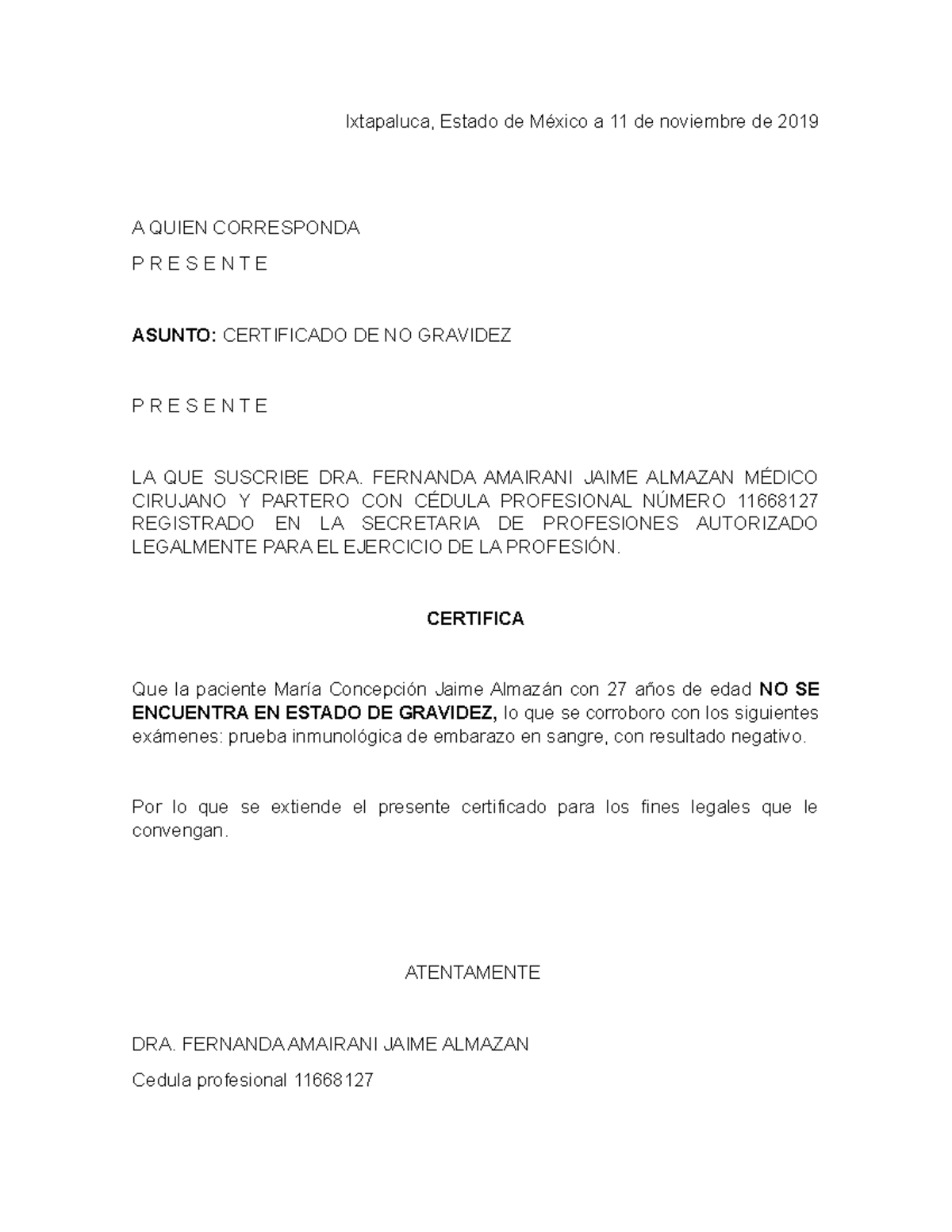 460020310 Certificado De No Gravidez Docx Ixtapaluca Estado De