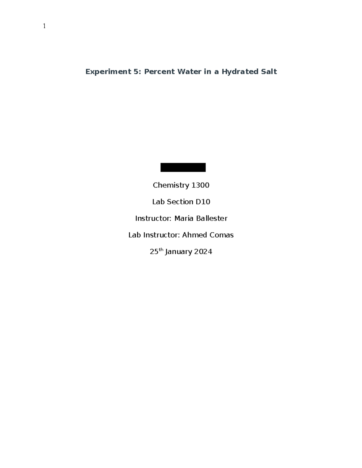 Chem 1300 Lab 5 Percent of Water - Experiment 5: Percent Water in a ...
