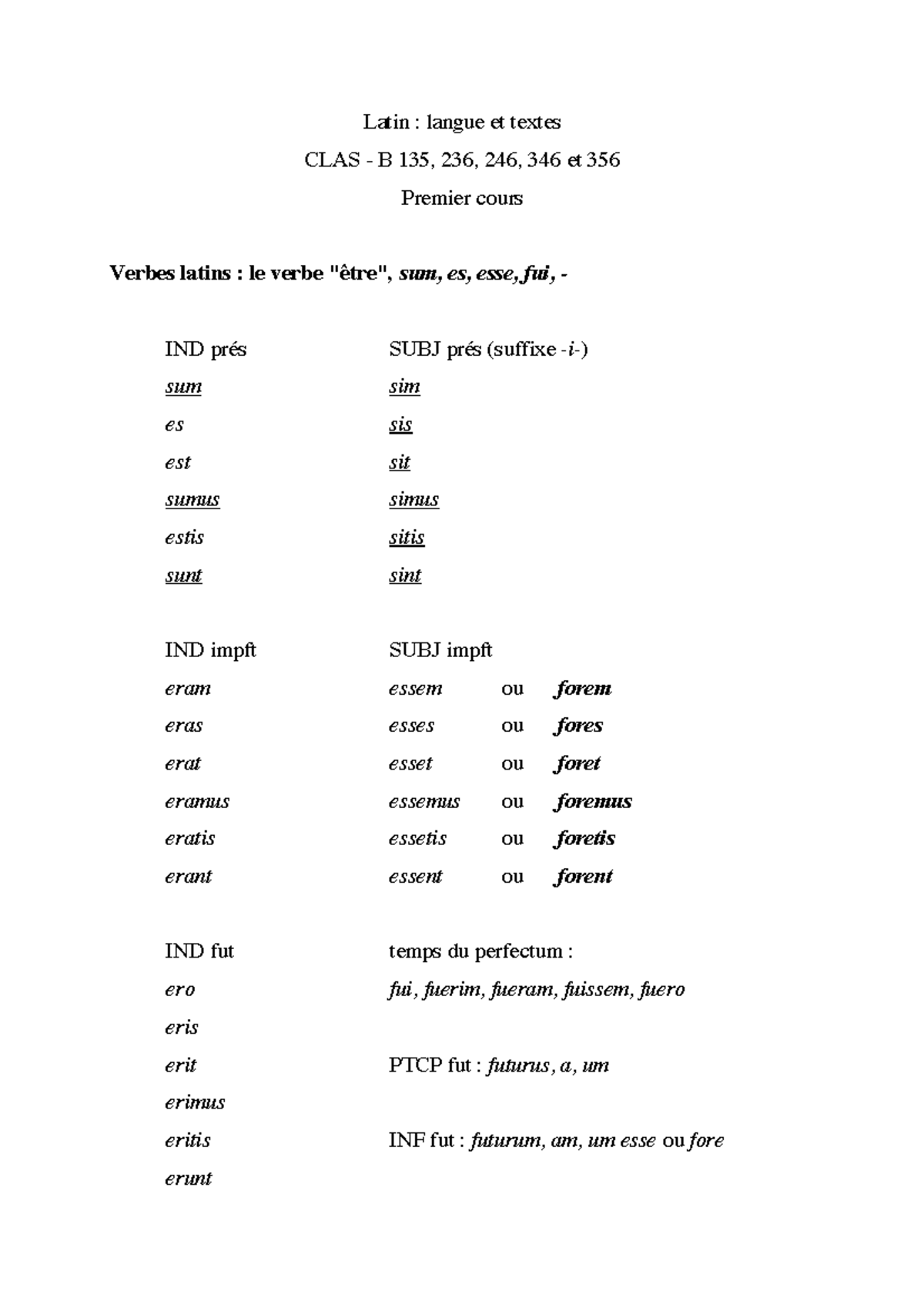 Cours 1 deuxieme quadri - Latin : langue et textes CLAS - B 135, 236 ...