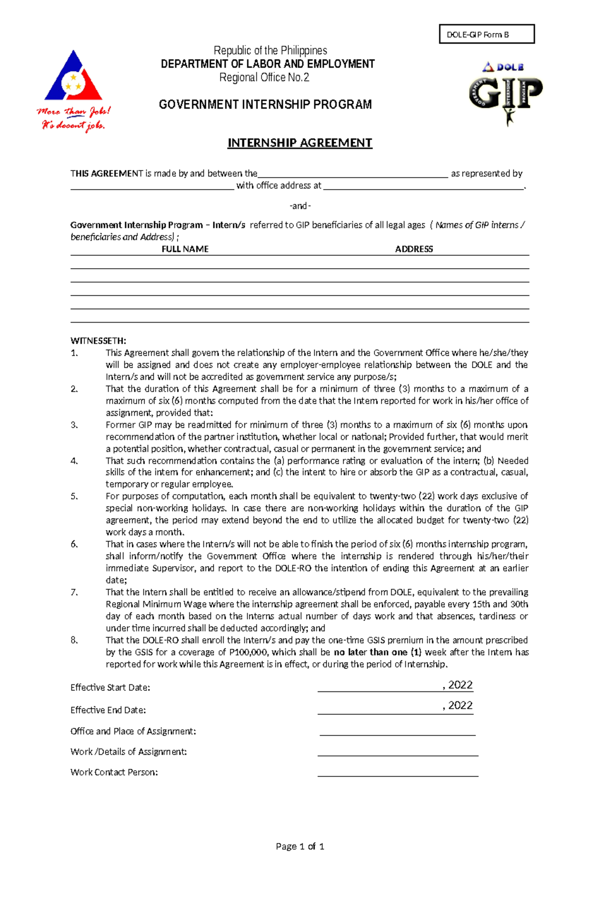 2. Form B Internship Agreement - , 2022 , 202 2 DOLE-GIP Form B ...