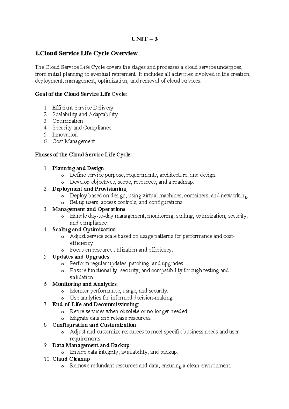 UNIT 3 Cloud - Summary of L3 - UNIT – 3 1 Service Life Cycle Overview The Cloud Service Life ...