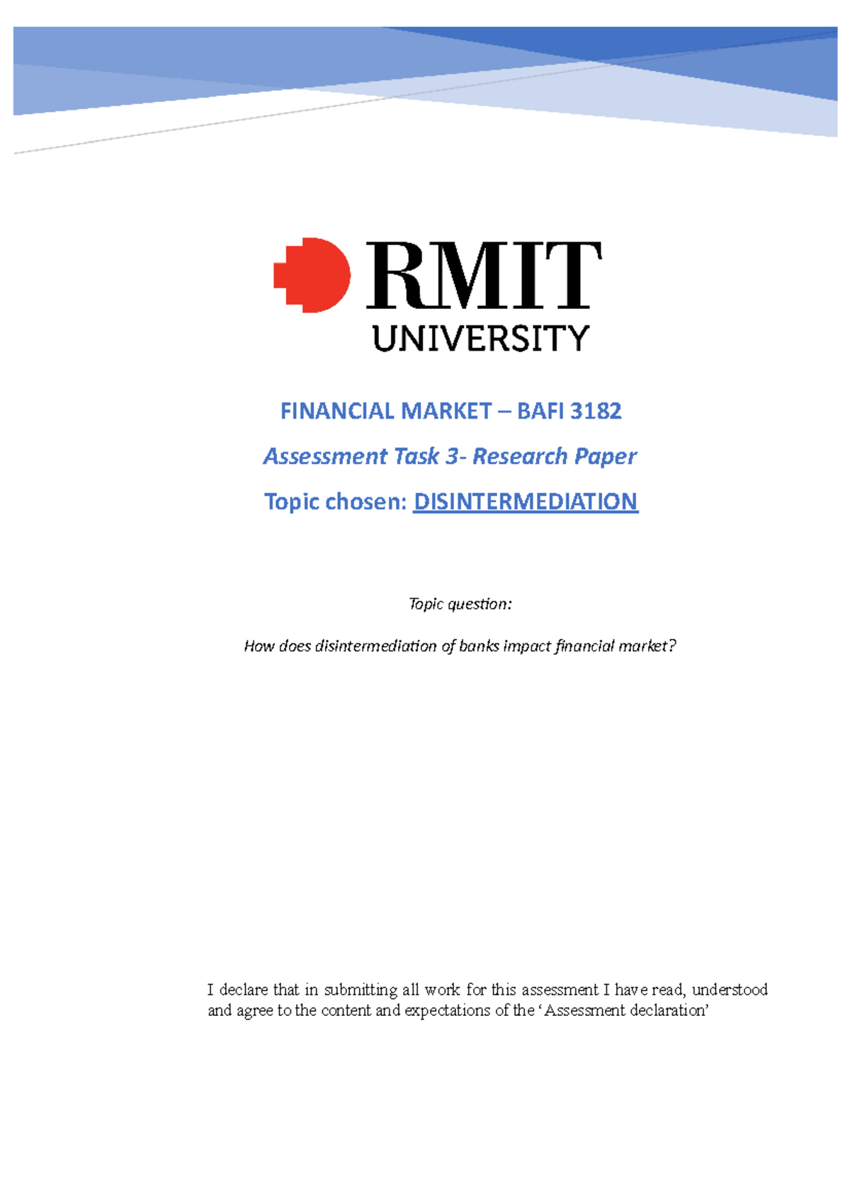 RMIT University Financial Markets and Institutions Research Paper ...