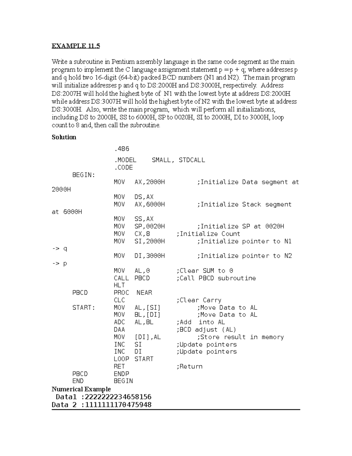 Ex11.5 - Example - EXAMPLE 11. Write a subroutine in Pentium assembly ...