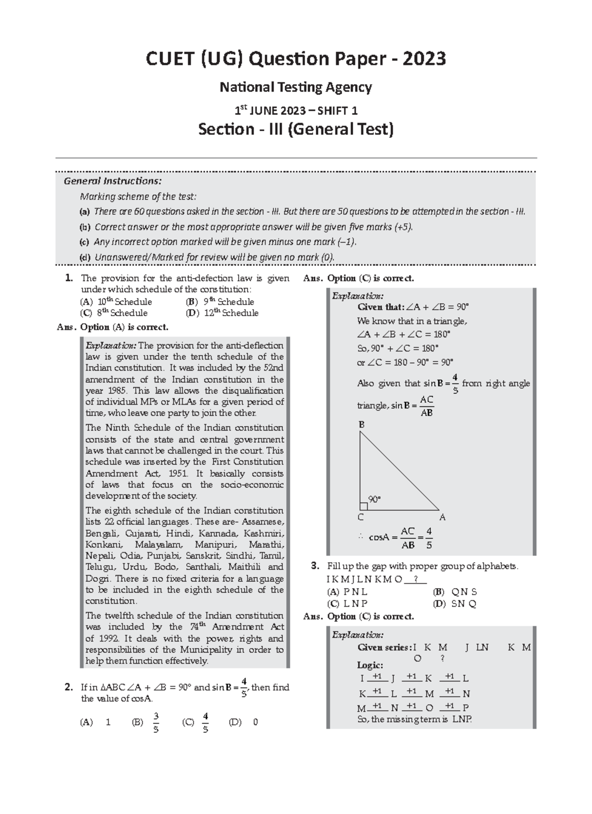 CUET UG 2023 - GT Paper - 1st June 2023 - CUET (UG) Question Paper ...
