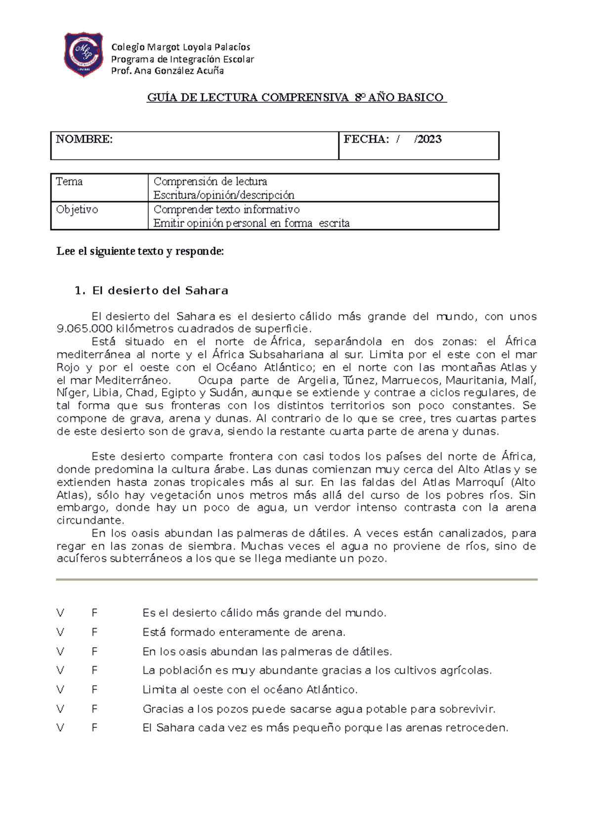guia comprension lectora 7 basico - GUÍA DE LECTURA COMPRENSIVA 8° AÑO ...