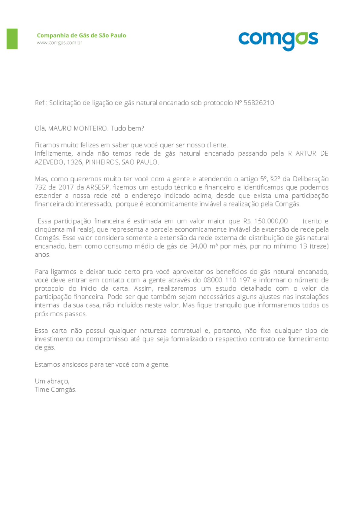 0056826210 Carta de resposta - Ref.: SolicitaÁ„o de ligaÁ„o de g·s ...