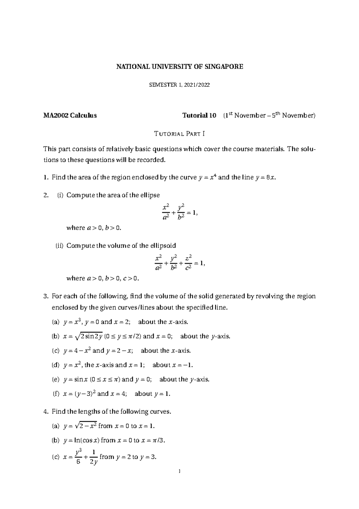 Tutorial questions for Calculus MA2002/MA1102R-Tutorial 11 National University of Singapore ...