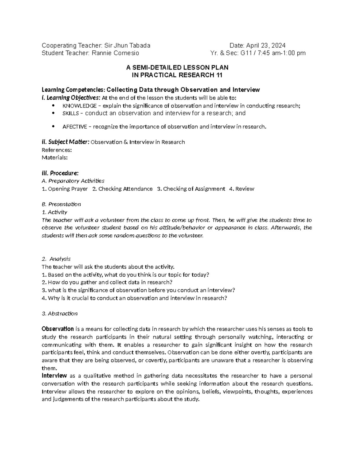 A SEMI DETAILED LESSON PLA IN PRACTICAL RESEARCH - Cooperating Teacher ...