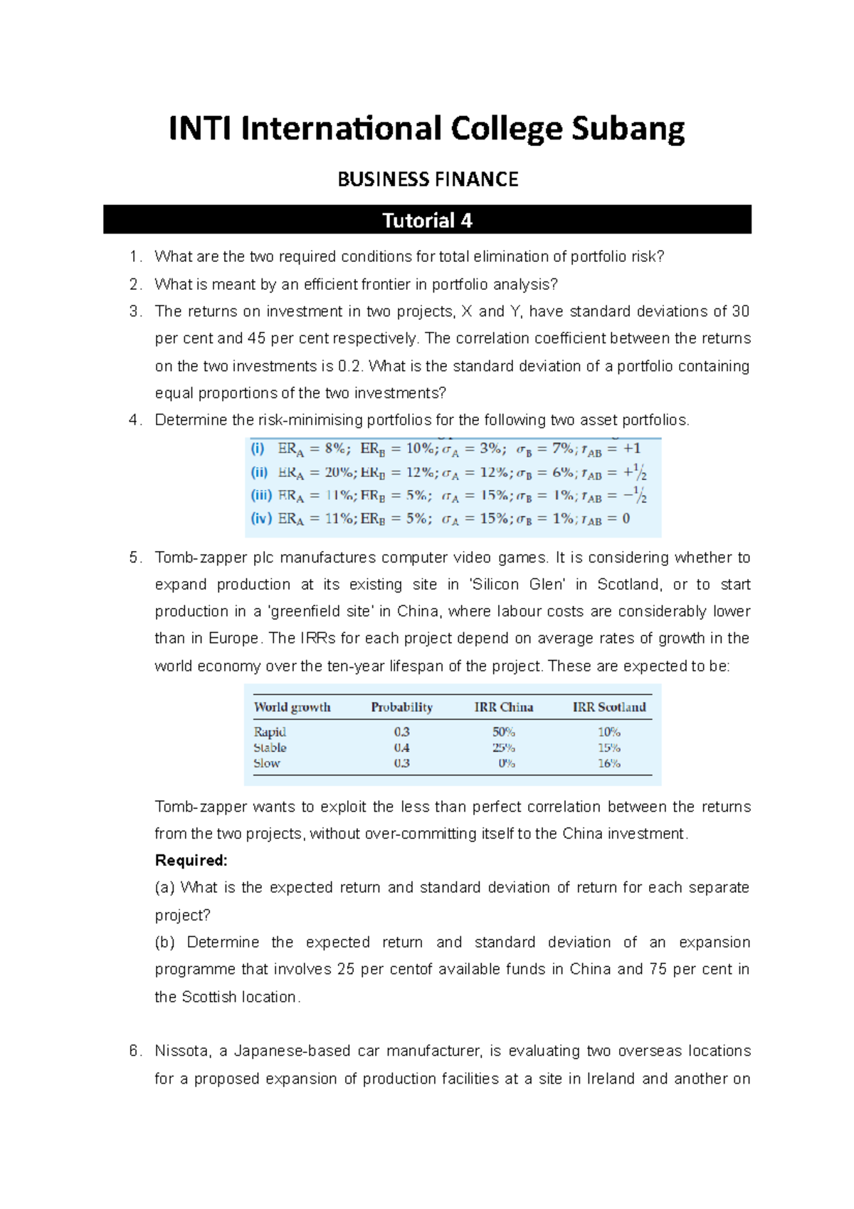 FIN322 4 Tutorial 4 - INTI International College Subang BUSINESS FINANCE Tutorial 4 What are the ...