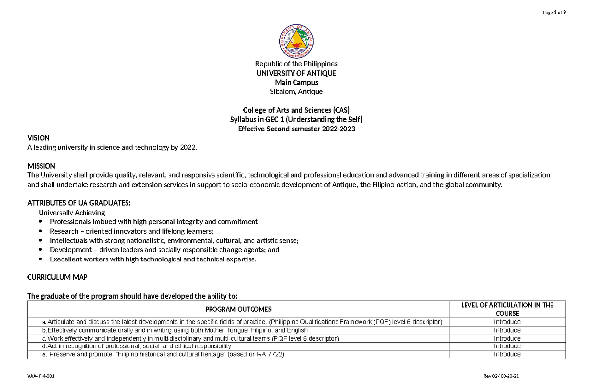 Gec 1 Syllabus Gec 1 Syllabus Republic Of The Philippines