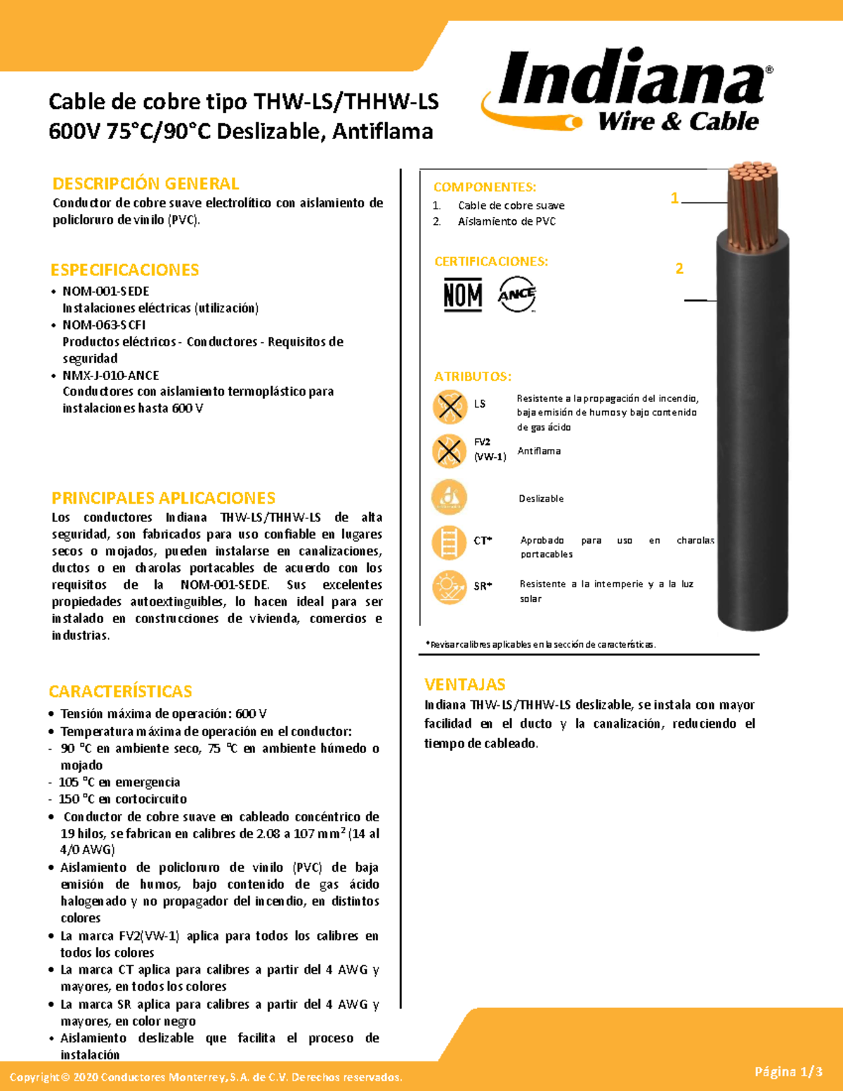 THW-LS-Indiana - Cable de cobre tipo THW-LS/THHW-LS 600V 75°C/90°C ...