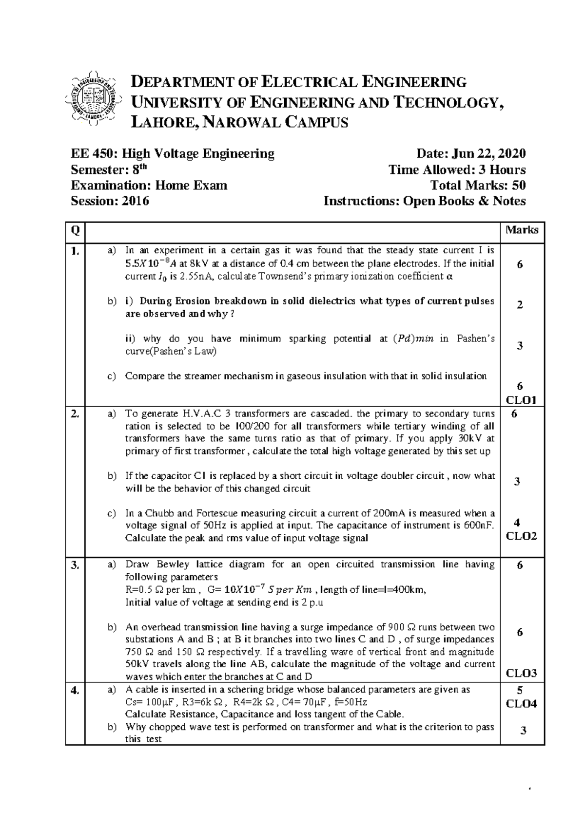 Exam 2016 - . DEPARTMENT OF ELECTRICAL ENGINEERING UNIVERSITY OF ...