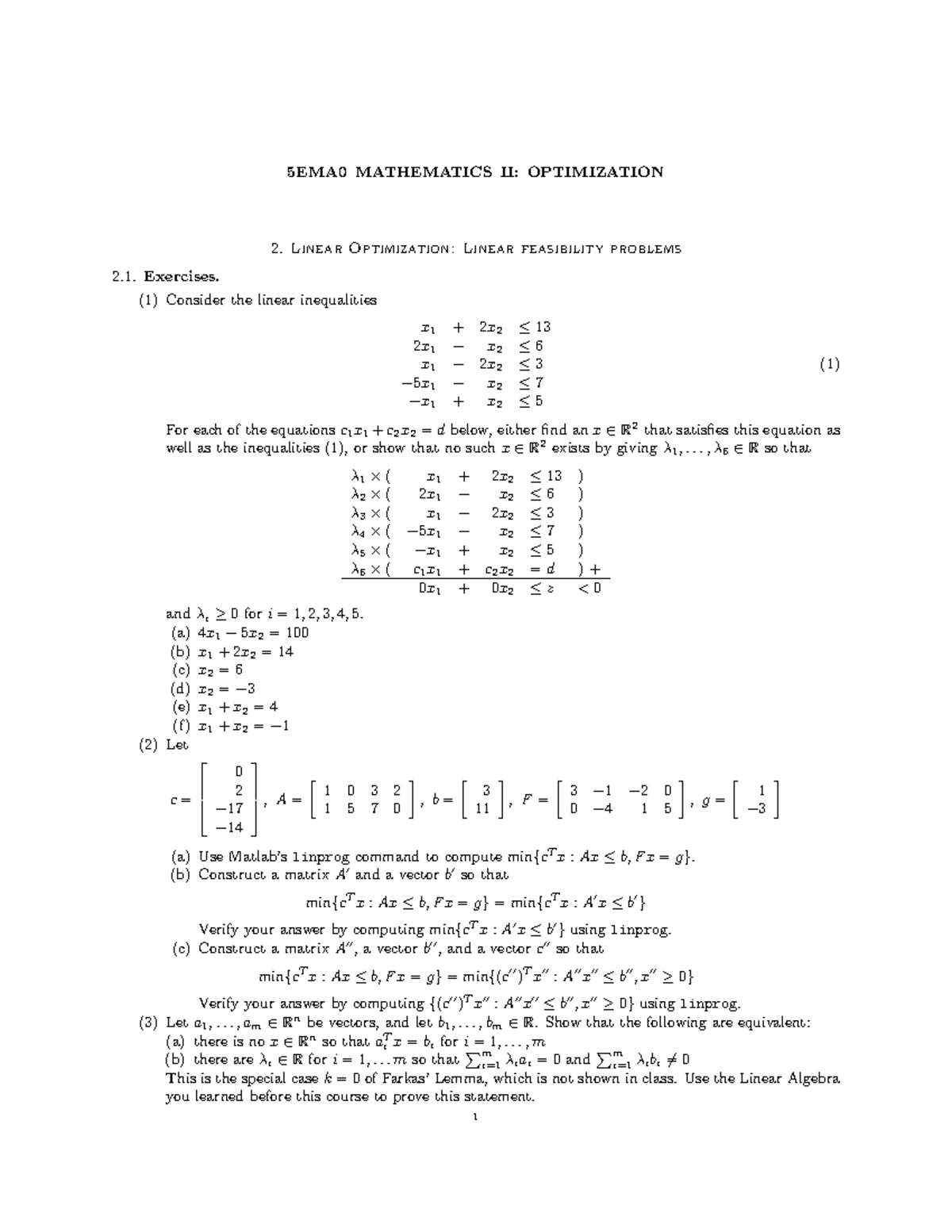 2 Linear Optimization exercises - 5EMA0 MATHEMATICS II: OPTIMIZATION 2 ...