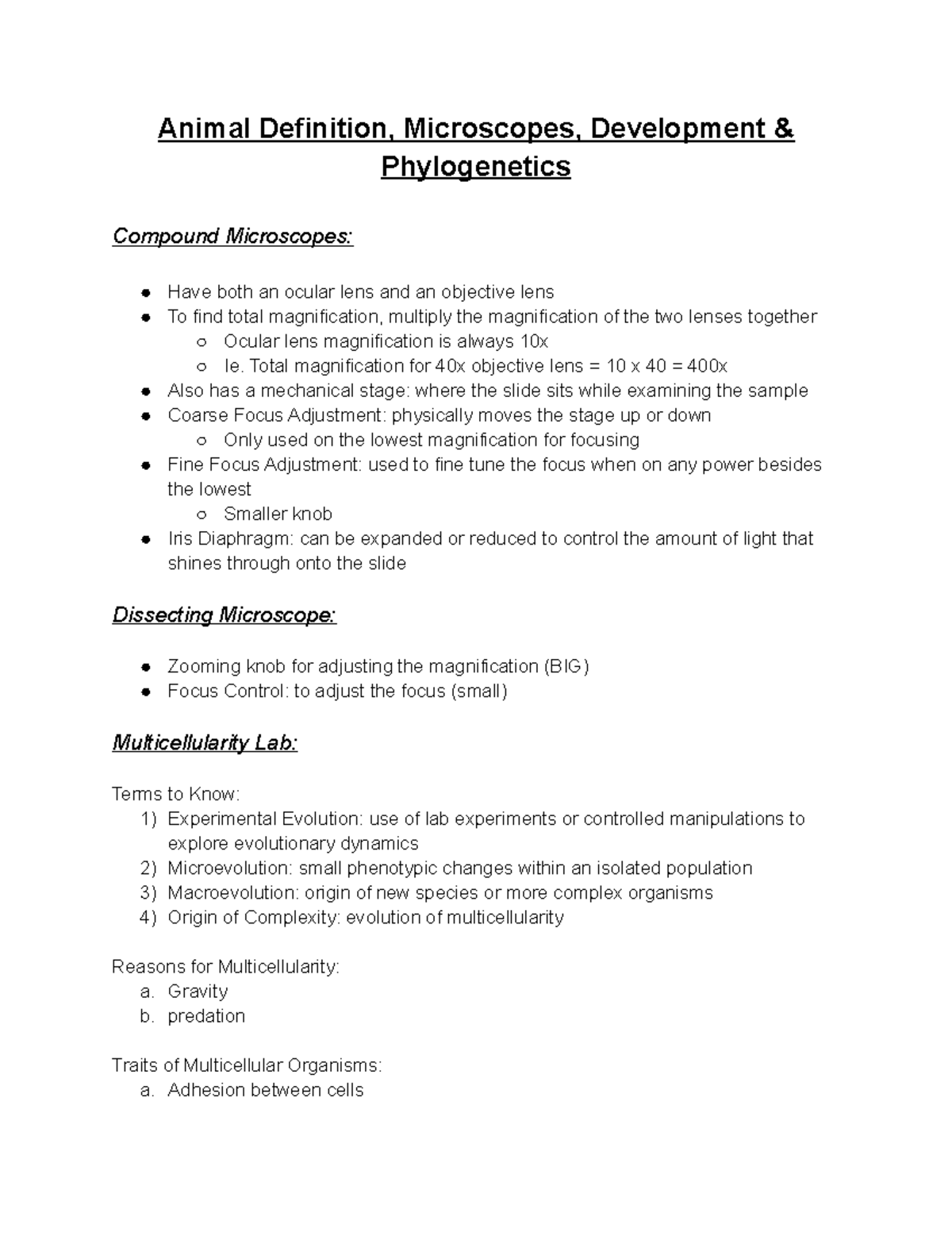 BIOL 2005 Week 1 - Lecture notes 1 - Animal Definition, Microscopes ...