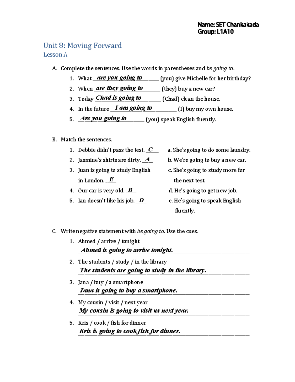 Unit 8 Lesson A Homework - Unit 8: Moving Forward Lesson A A. Complete ...