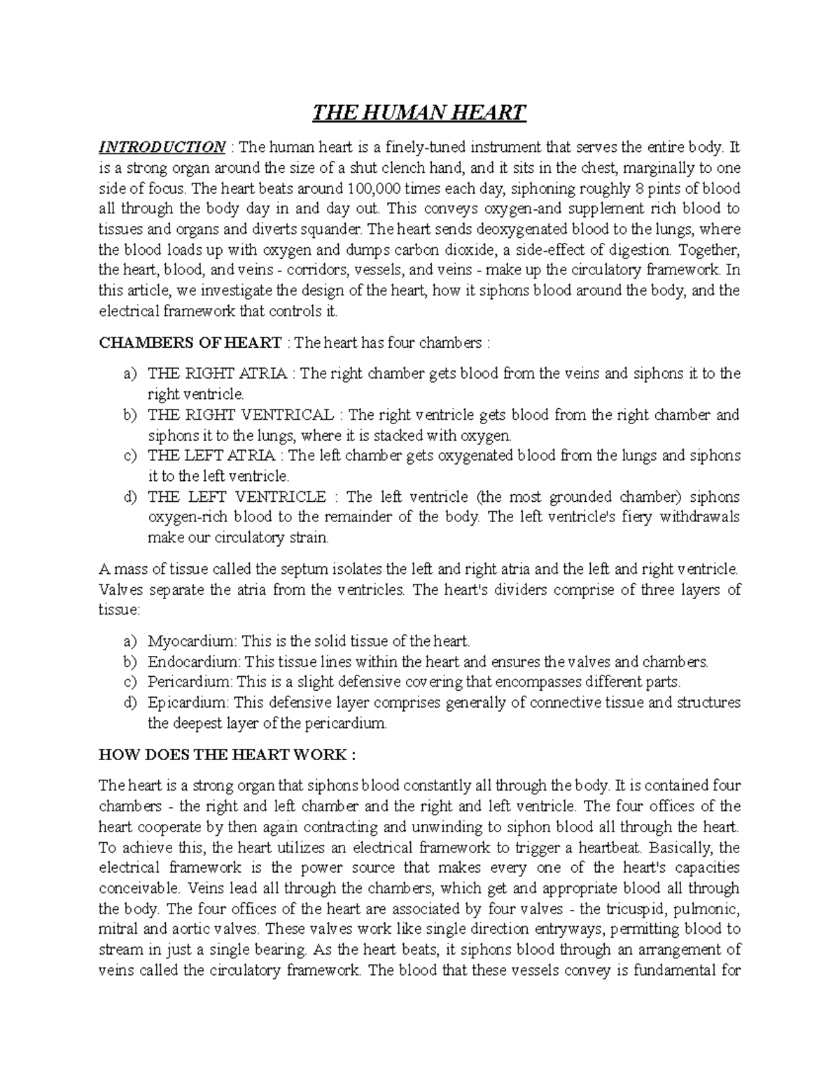 THE Human Heart - Lecture notes 6 - THE HUMAN HEART INTRODUCTION : The ...