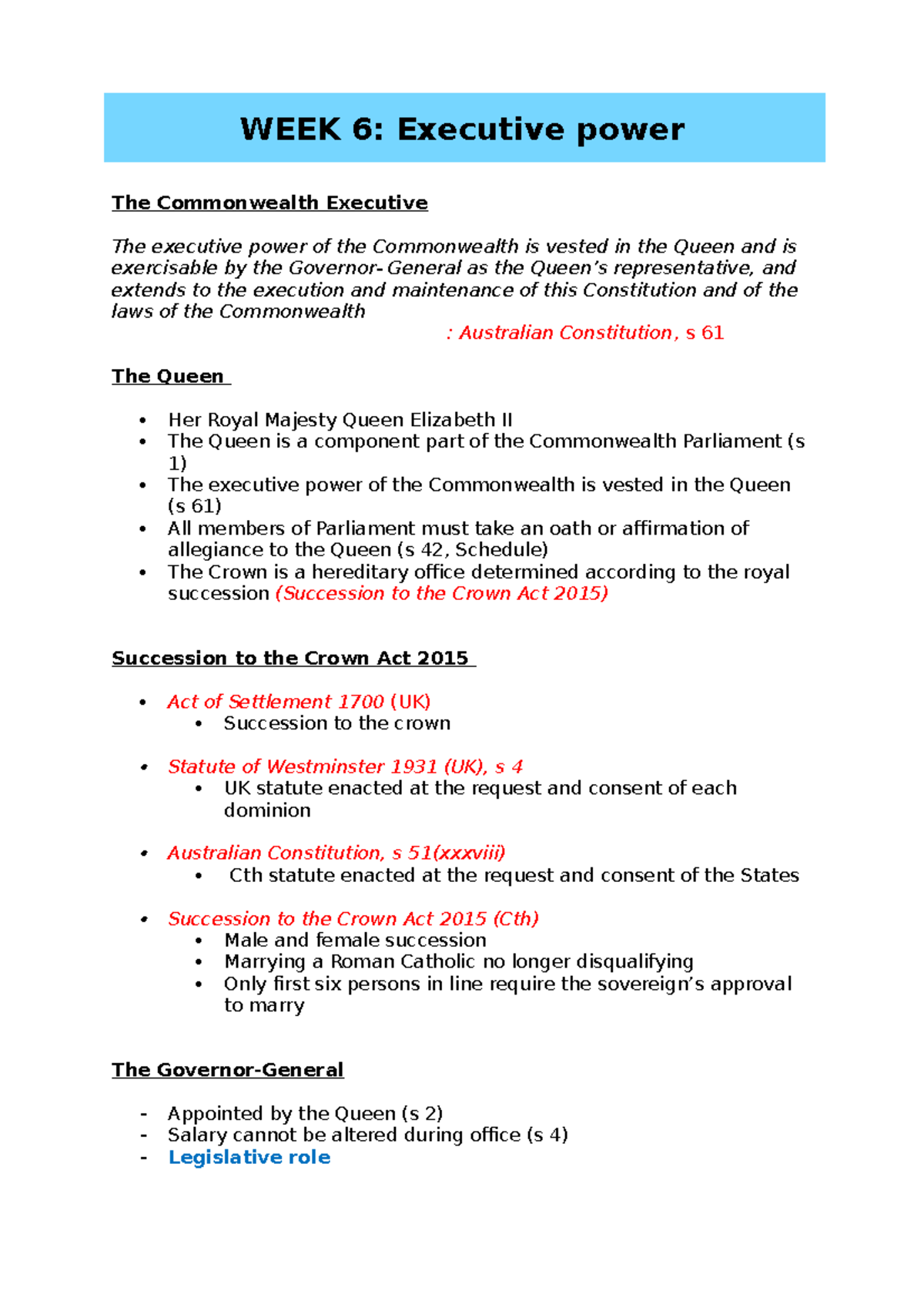 Pt 2 summary - WEEK 6: Executive power The Commonwealth Executive The ...