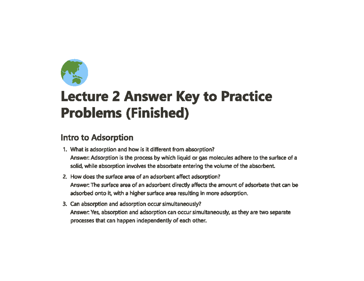 CHBE 221 Lecture 2 Answer Key Practice Problems - CHBE 221 - Studocu