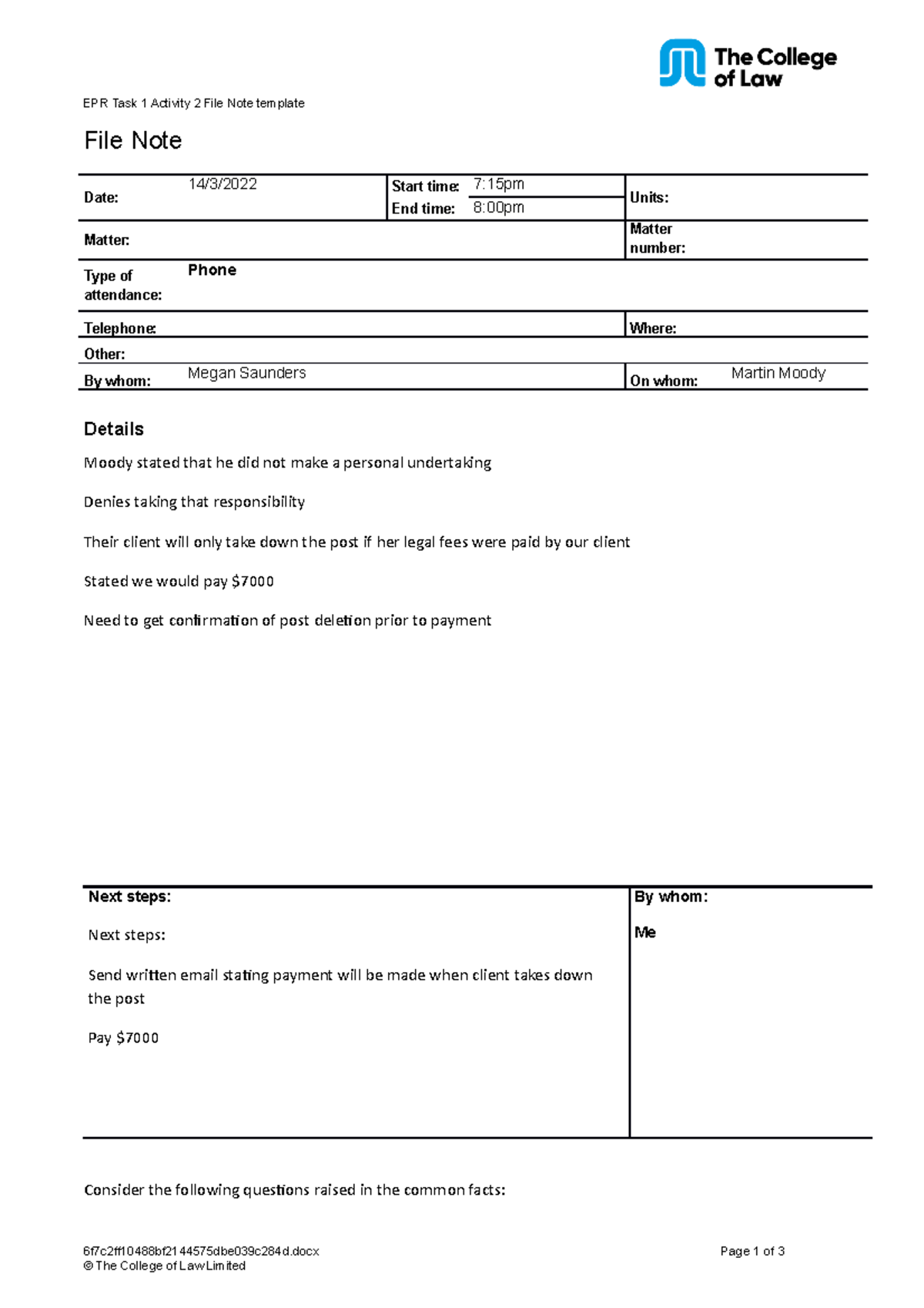 EPR T1 A2 file note template Allstates 2017 01 20 - EPR Task 1 Activity ...