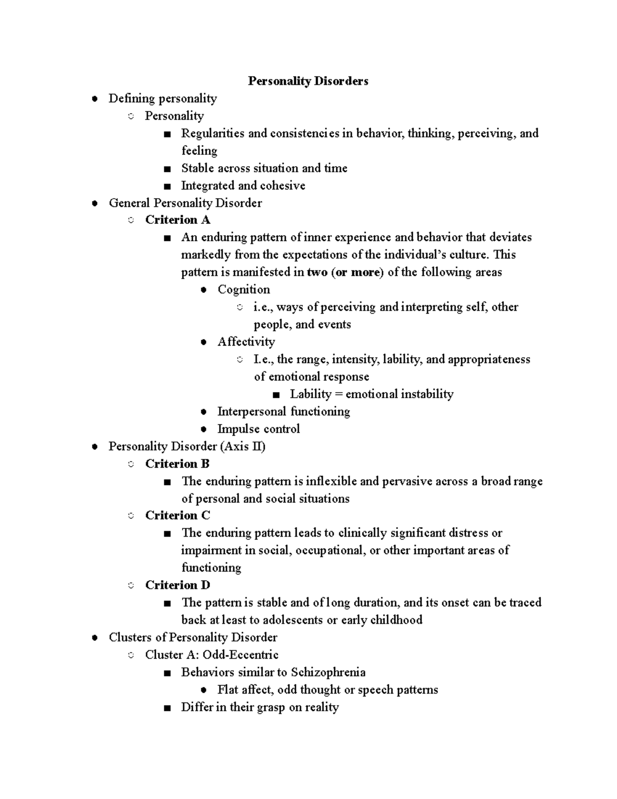 B&D Lec 4:17 - Lecture notes from class - Personality Disorders ...