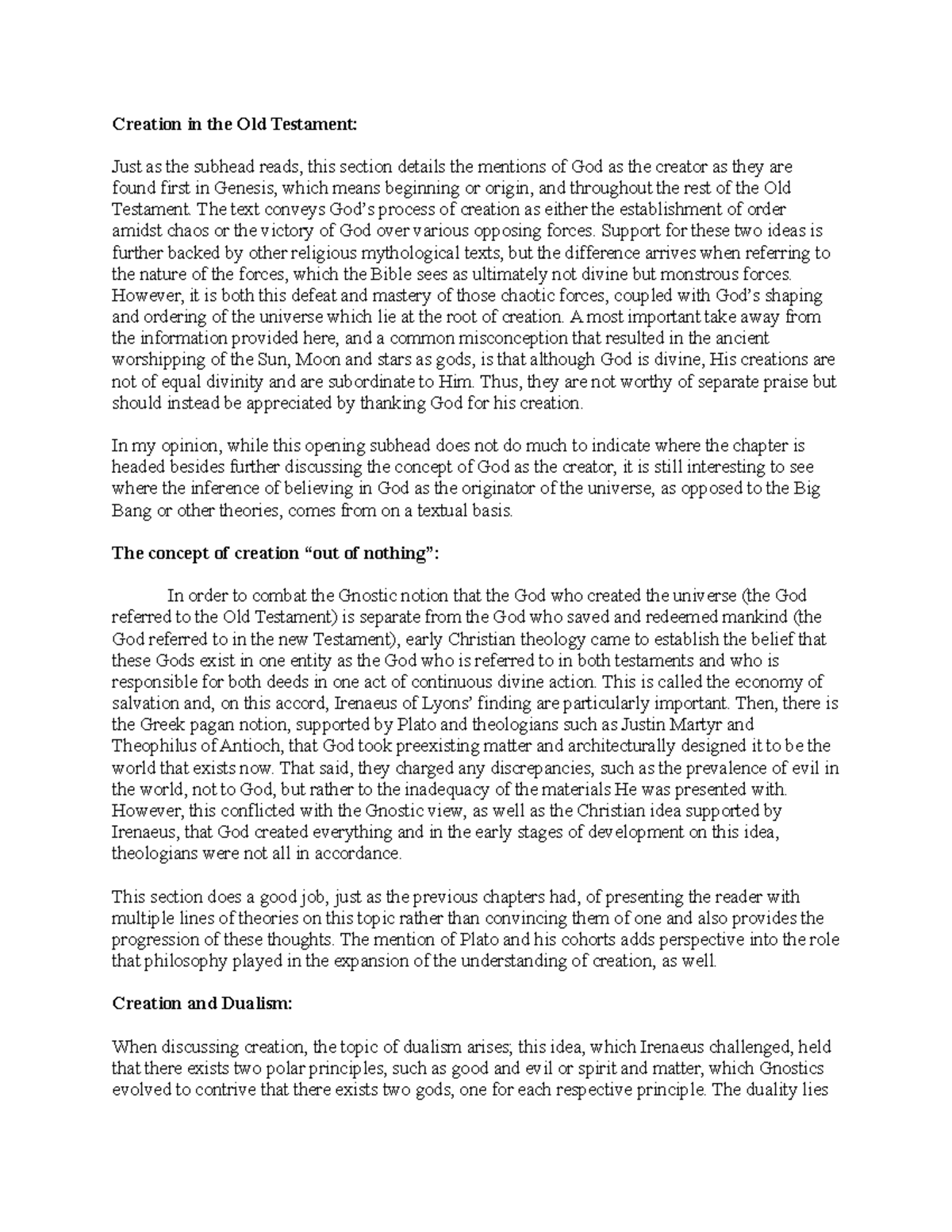 Ch creation - Summary of chapter - Creation in the Old Testament: Just ...