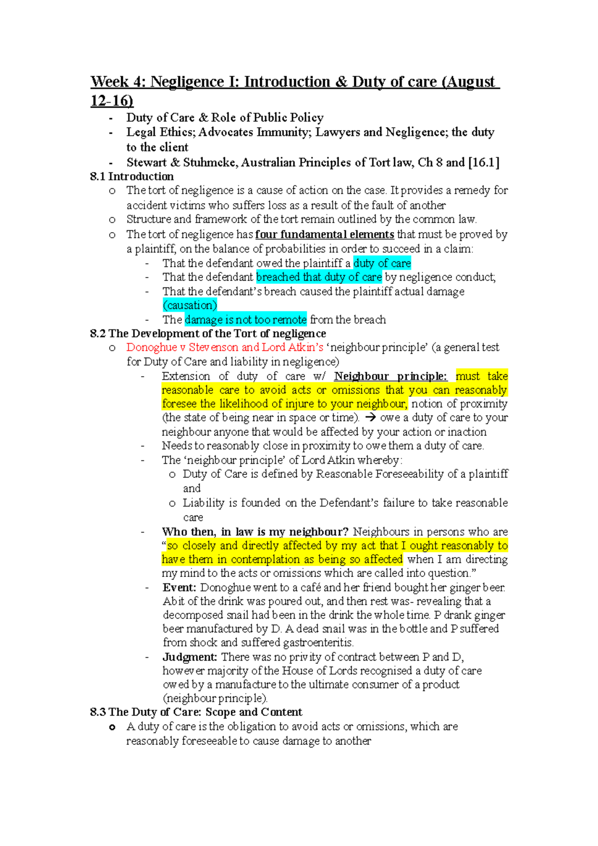 Week 1-Negligence - Week 4: Negligence I: Introduction & Duty of care ...
