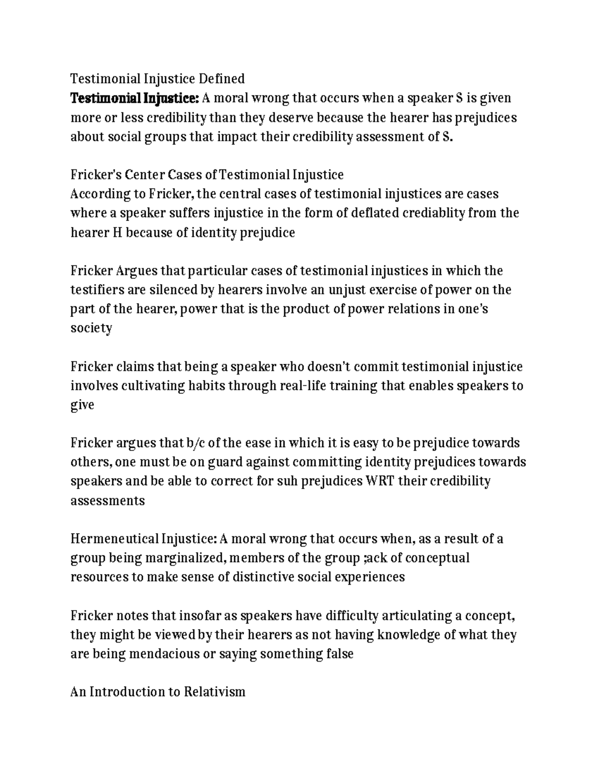 Testimonial Injustice - Fricker’s Center Cases of Testimonial Injustice ...
