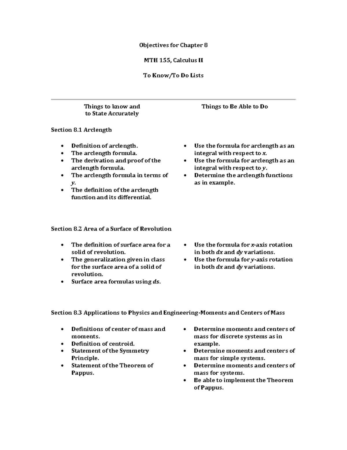 MTH 155 5- Chapter 8 - Objectives for Chapter 8 MTH 155, Calculus II To ...