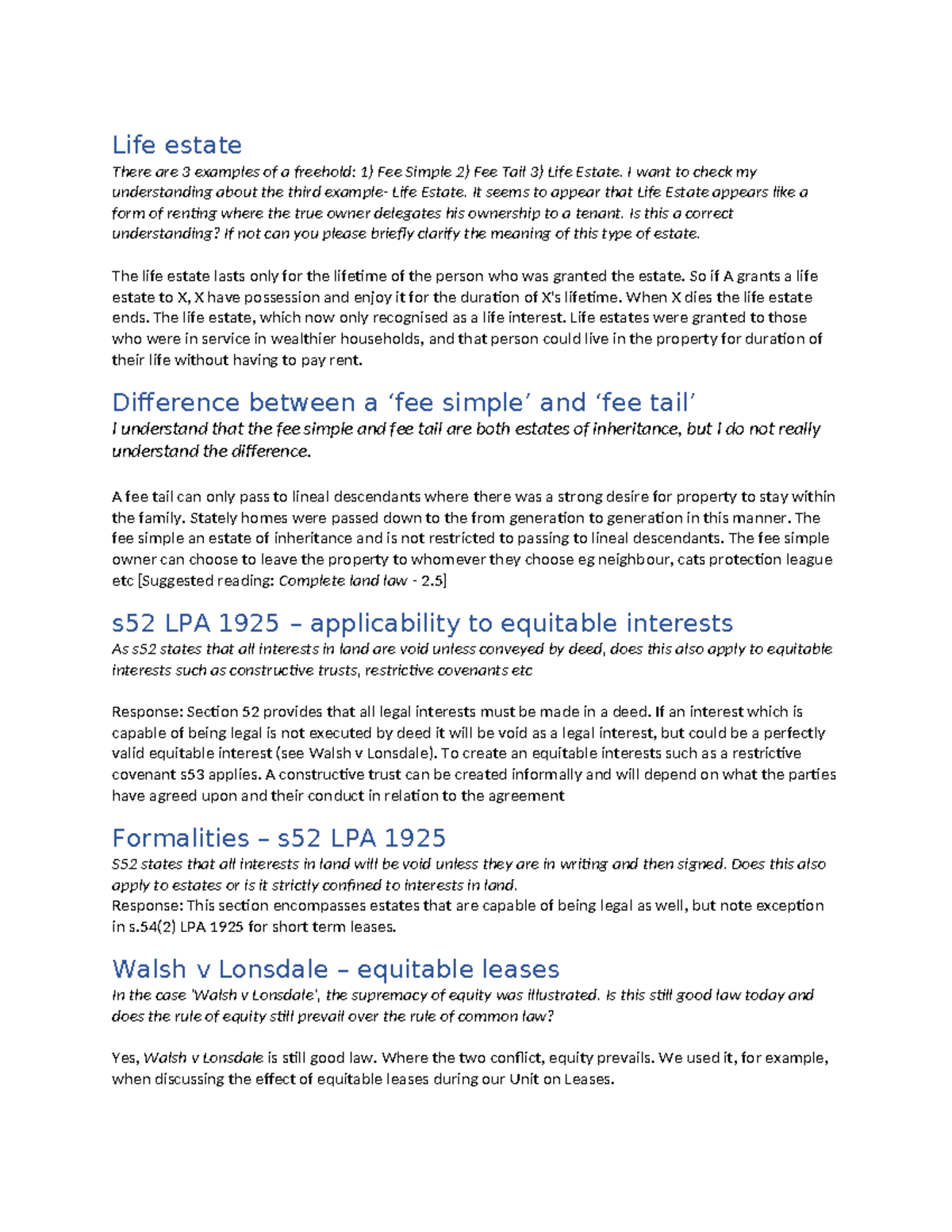 FAQs Introductory sessions - Life estate There are 3 examples of a ...