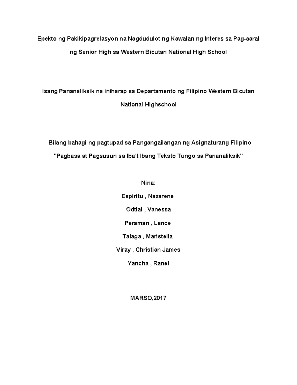 Papel Pananaliksik - Epekto ng Pakikipagrelasyon na Nagdudulot ng ...