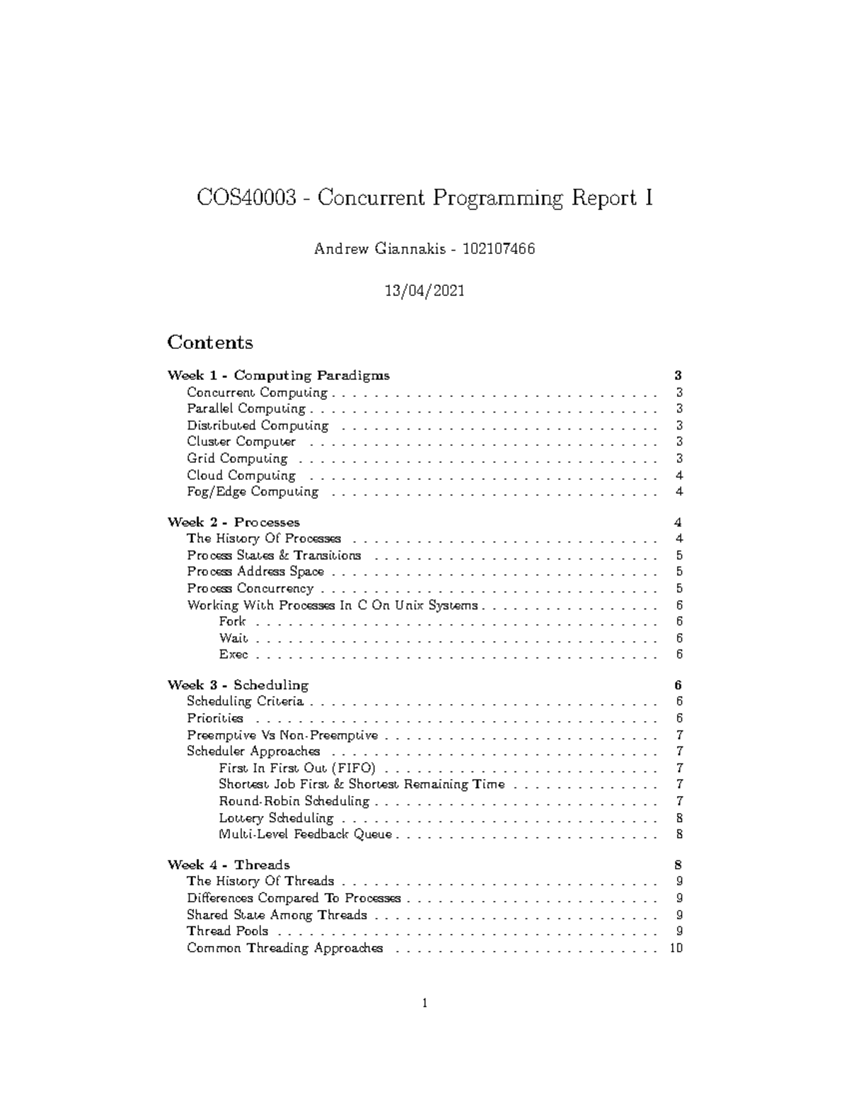 Report 1 - COS40003 - Concurrent Programming Report I - Andrew Giannakis - 13/04/ Week 1 ...