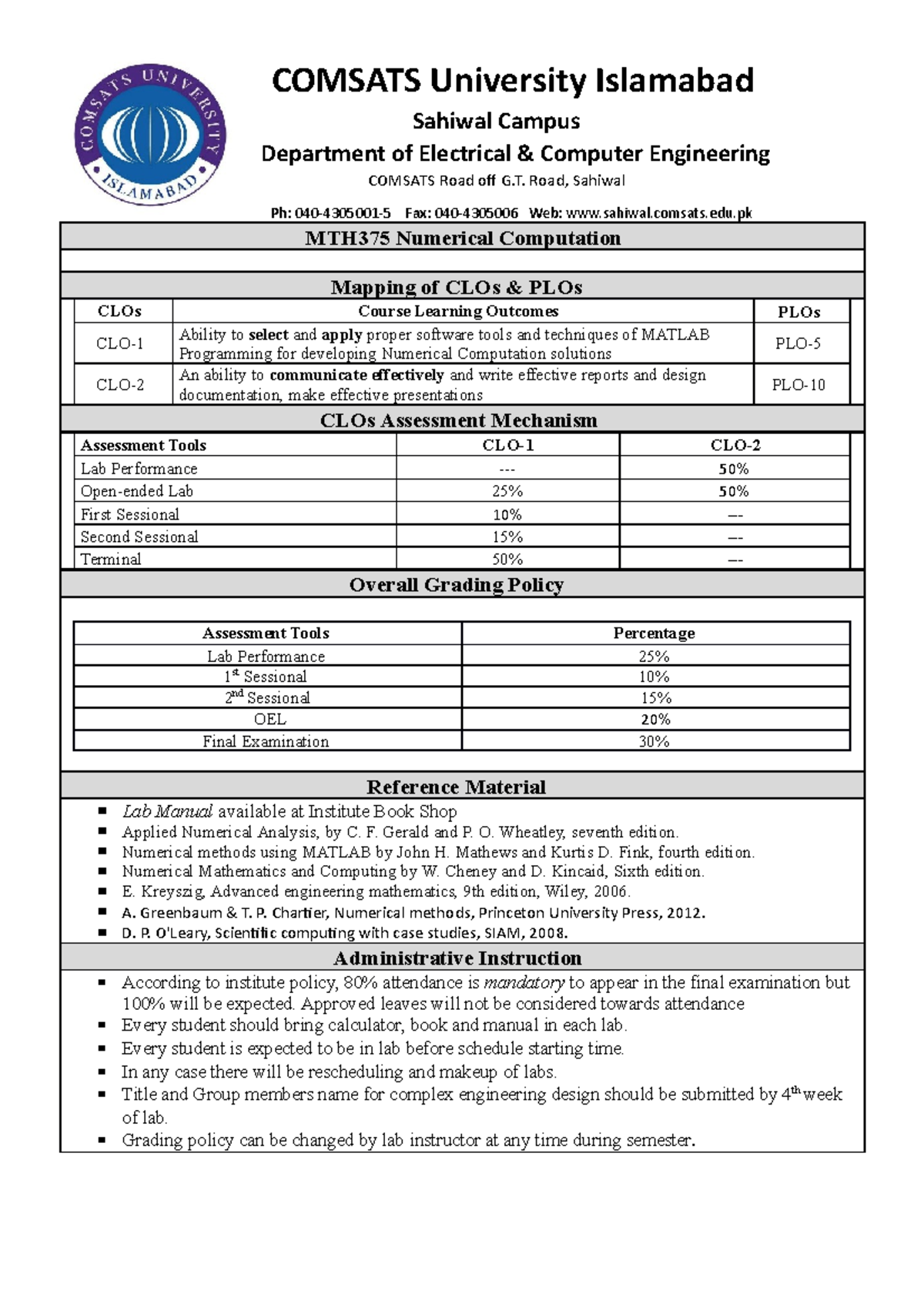 NC Lab CDF - Course Description File - COMSATS University Islamabad Sahiwal Campus Department of ...