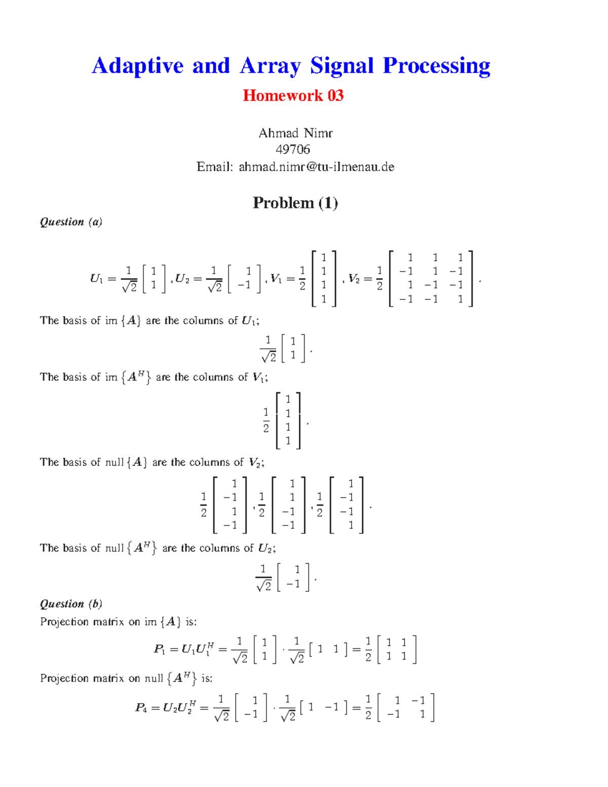 HW 3 Solution - Adaptive and Array Signal Processing Homework 03 Ahmad Nimr 49706 Email: - Studocu