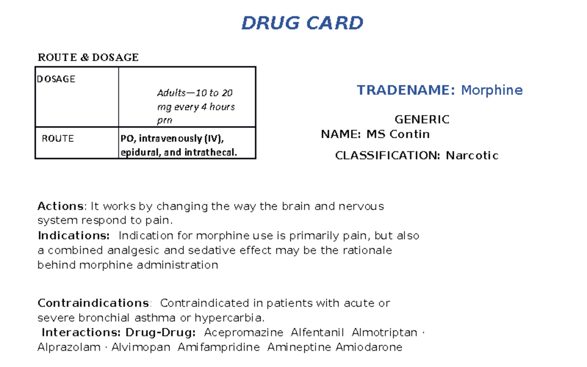Morphine - NURSING - DRUG CARD ROUTE & DOSAGE TRADENAME: Morphine ...