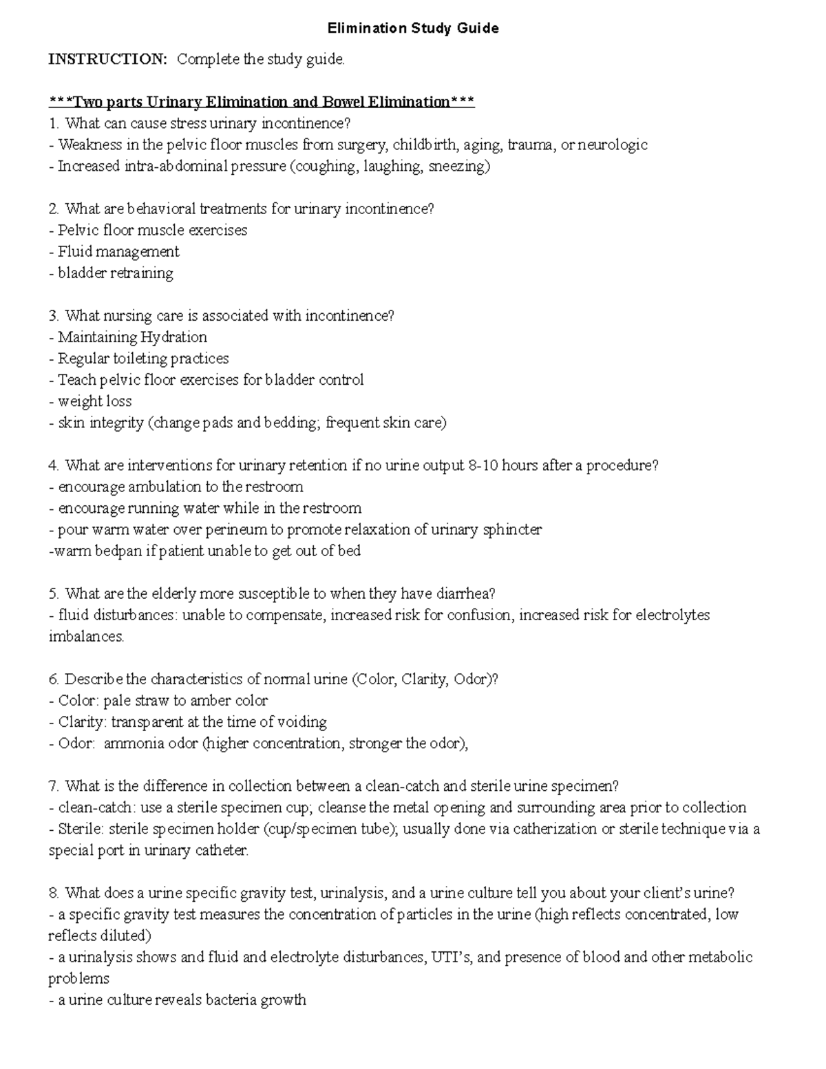 Study Guide Elimination - Elimination Study Guide INSTRUCTION: Complete ...