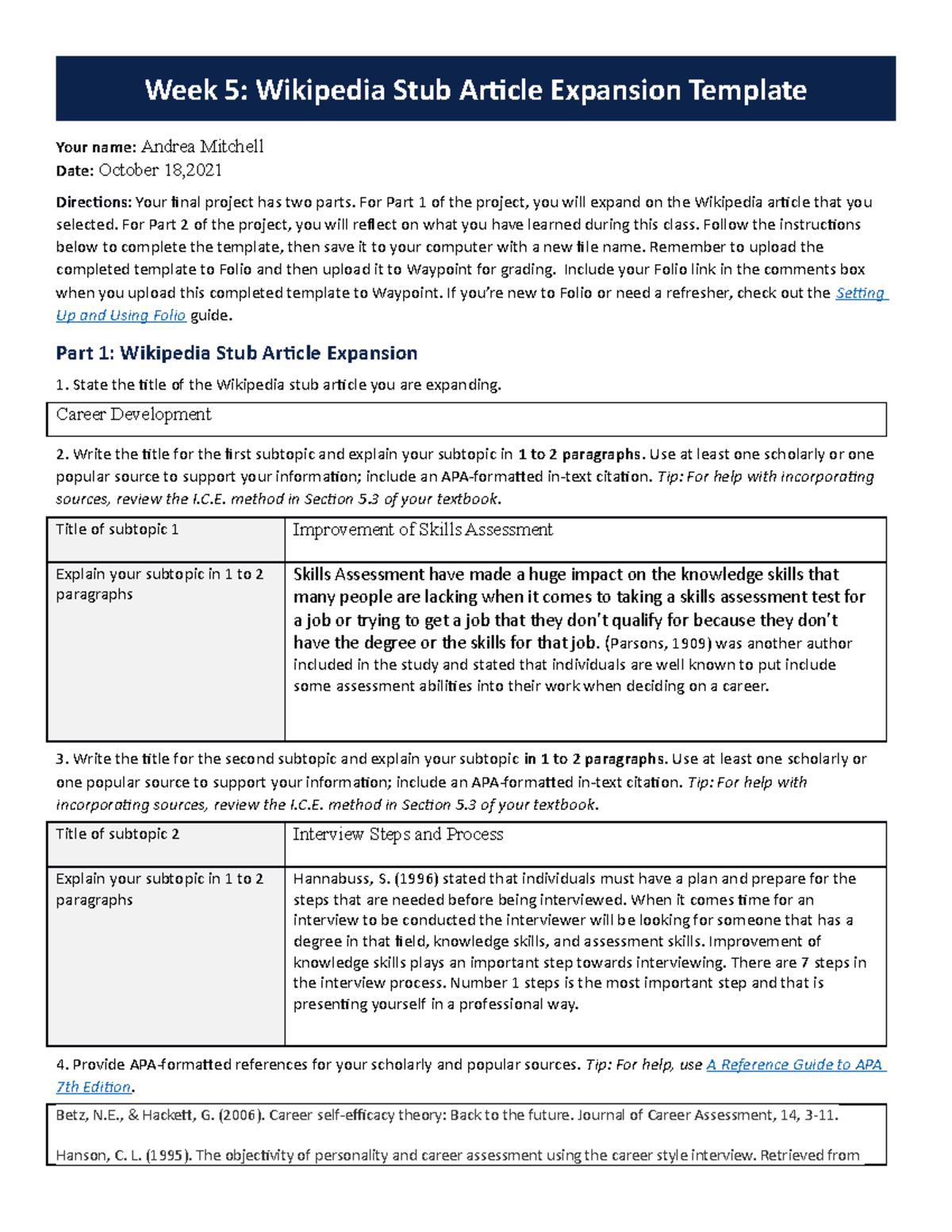 Week 5 Final Paper - Classwork assignment - Your name: Andrea Mitchell ...