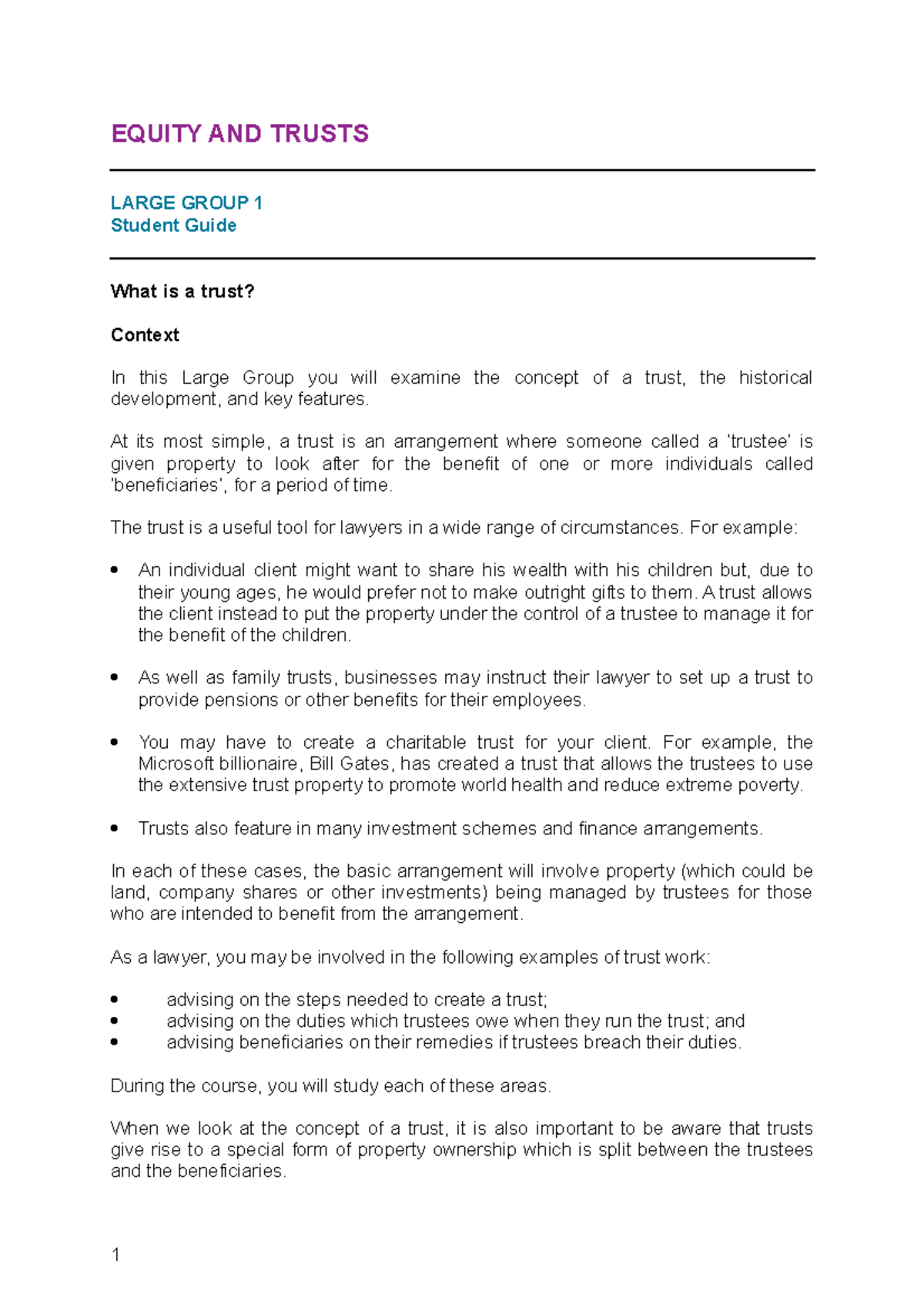 U1 - What is a Trust (Student Guide) - EQUITY AND TRUSTS LARGE GROUP 1 Student Guide What is a ...