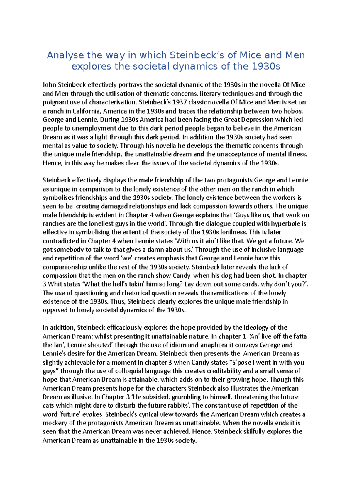 English Essay - Analyse the way in which Steinbeck’s of Mice and Men ...